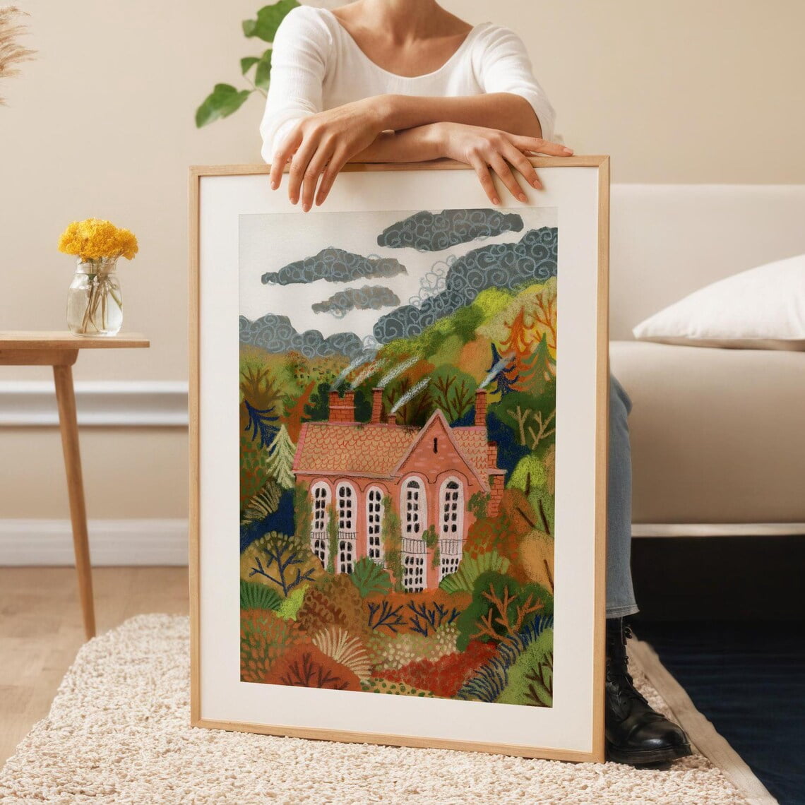 Miluva Cozy Autumn Cottage Art Print Hand-Drawn Fall Landscape ...