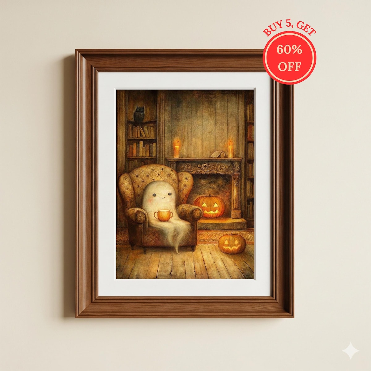 Miluva Cozy ghost with coffee halloween wall art cute ghostcore autumn ...