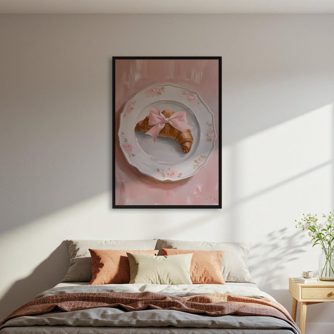 Miluva Croissant With Pink Ribbon Art Print, French Food Poster, Cute ...
