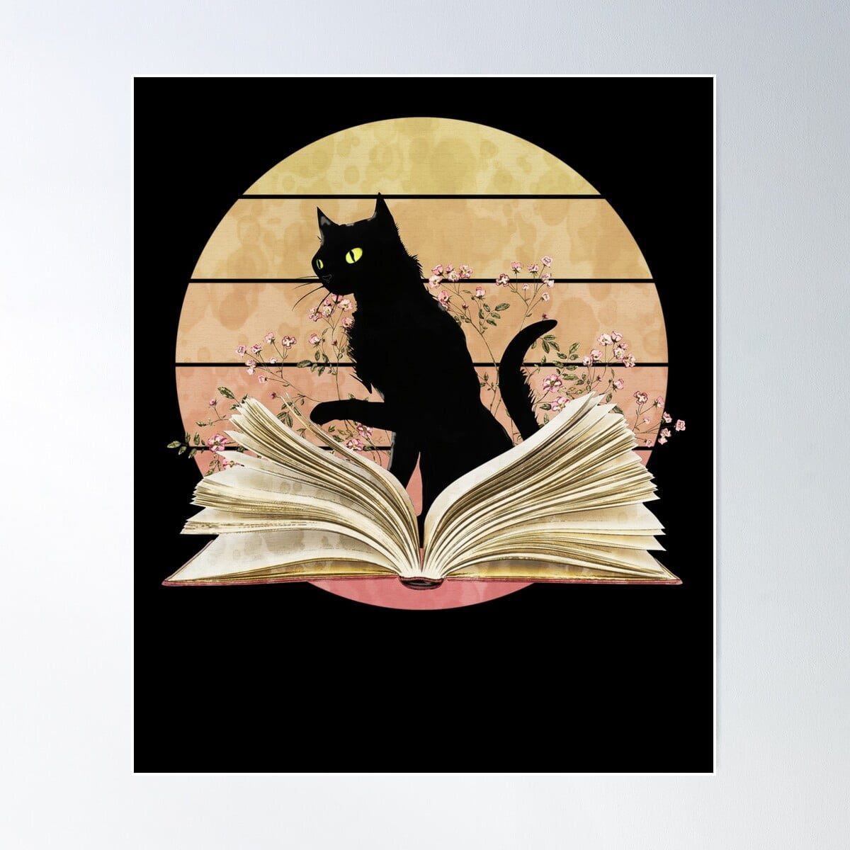 Miluva Cute Cat Reading A Book, Sunset Style, Flowers Growing From Book ...