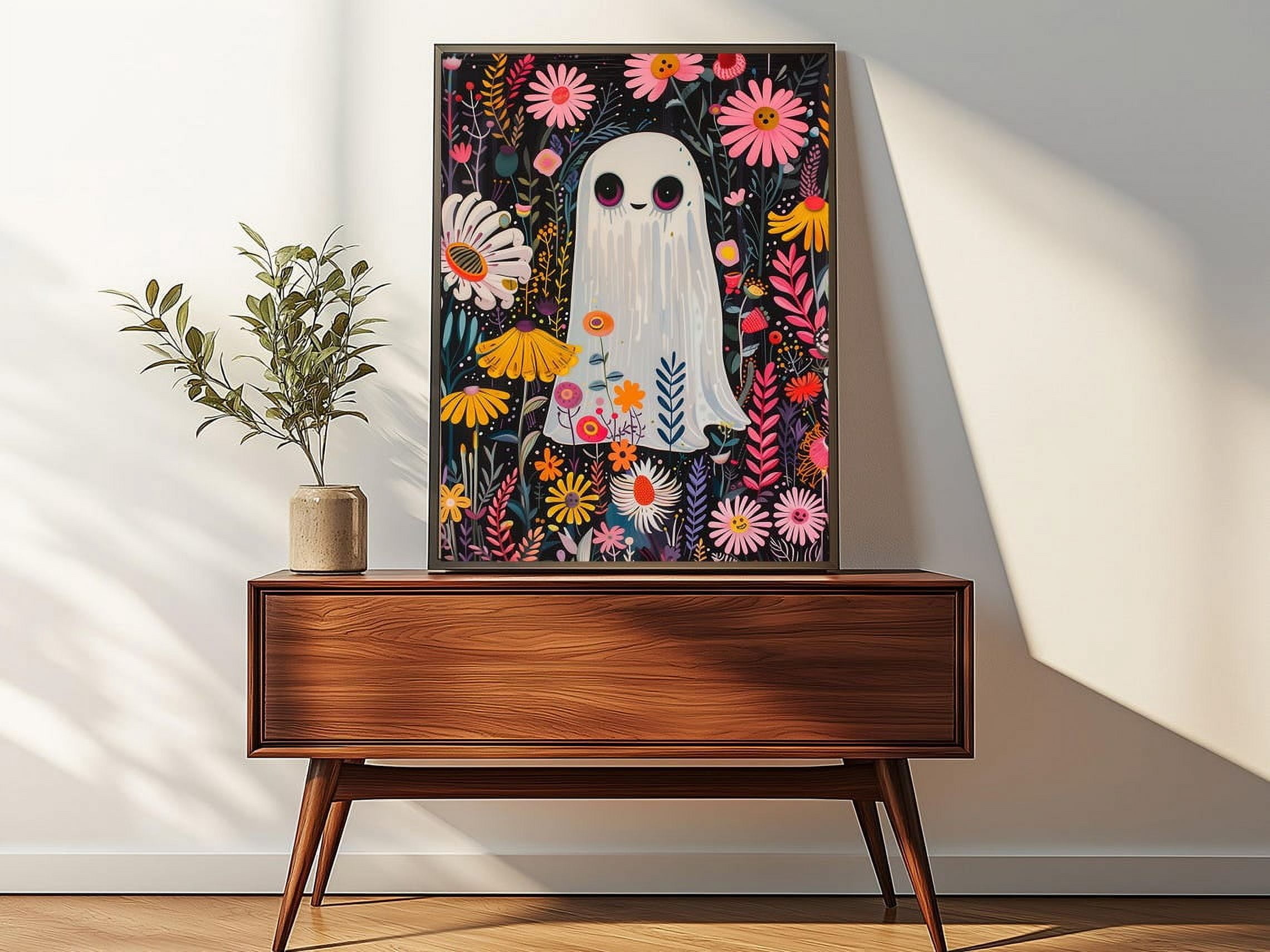 Miluva Cute Ghost Pink Wildflower Wall Art, Ghost Standing In A Meadow ...