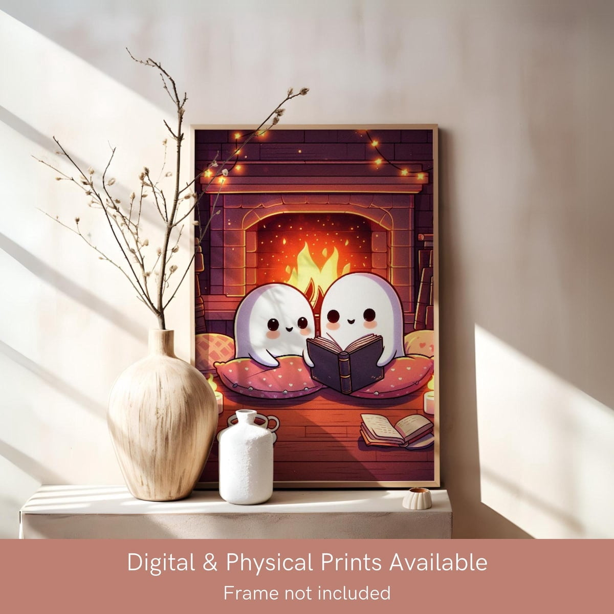 Miluva Cute cartoon ghosts reading together wall art for book lovers ...