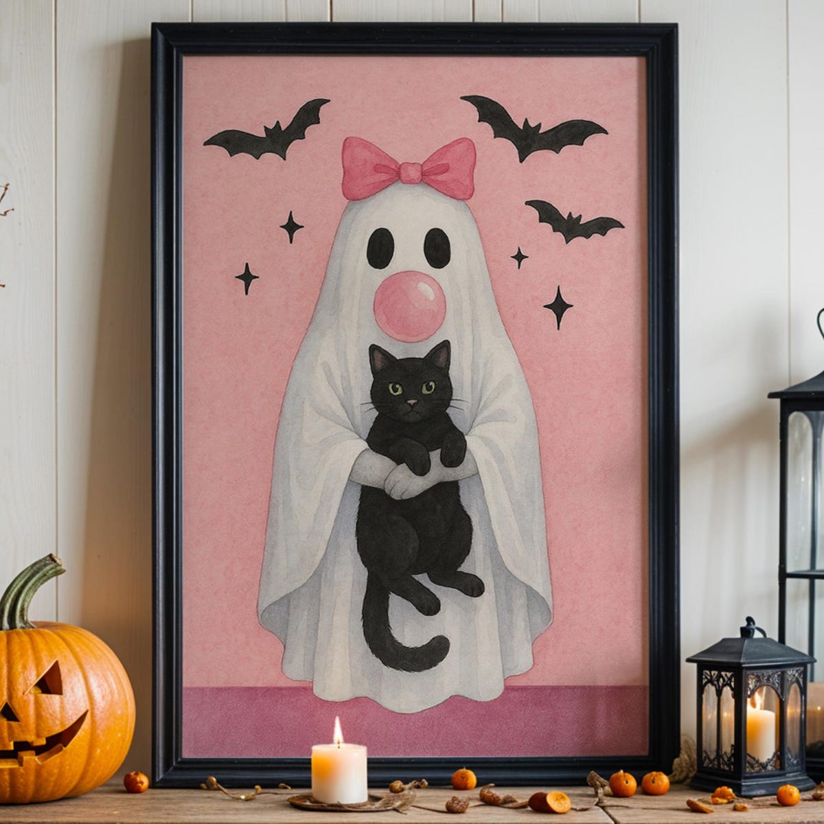 Miluva Cute ghost with black cat print wall art halloween decor ...