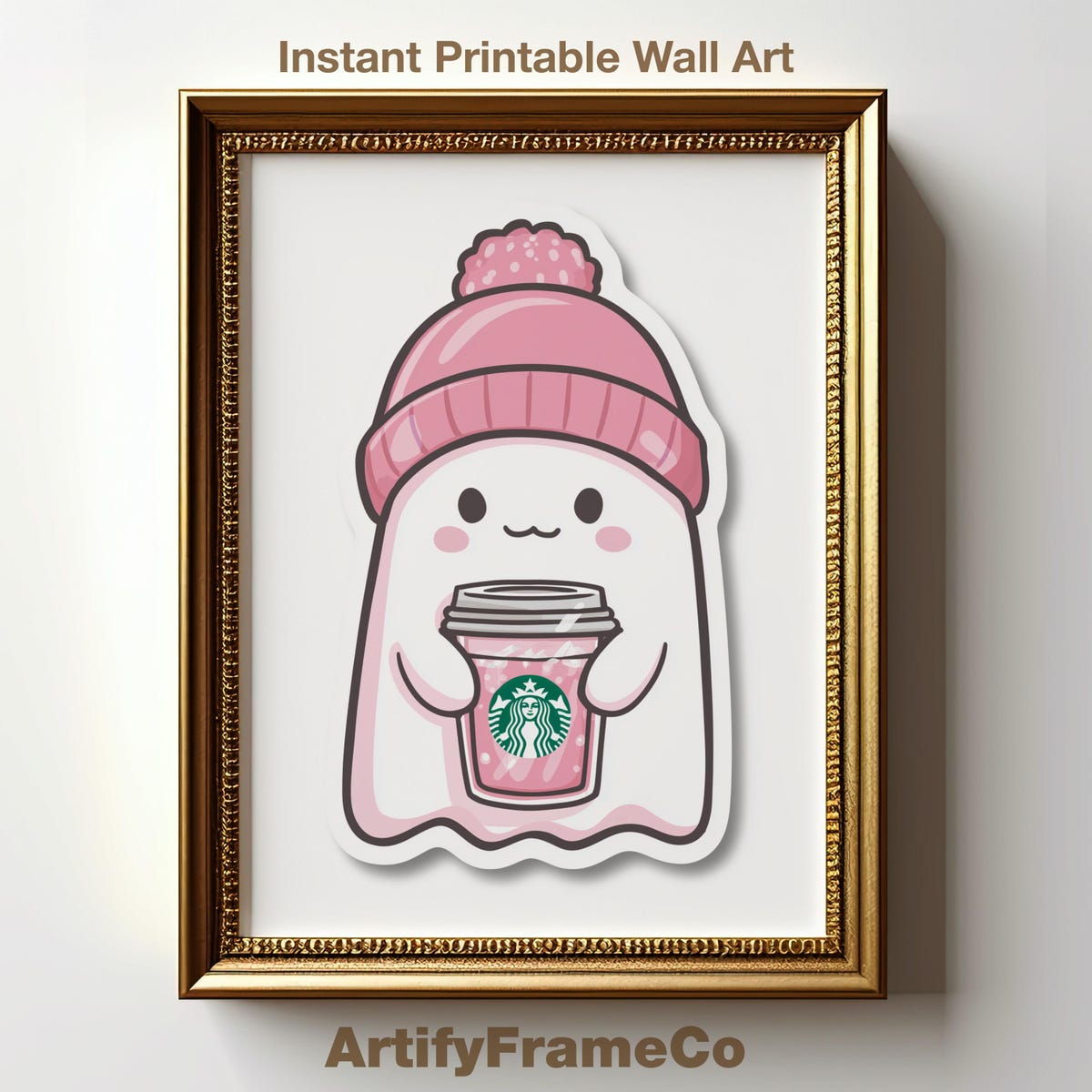 Miluva Cute ghost holding coffee pink aesthetic halloween wall art cute ...