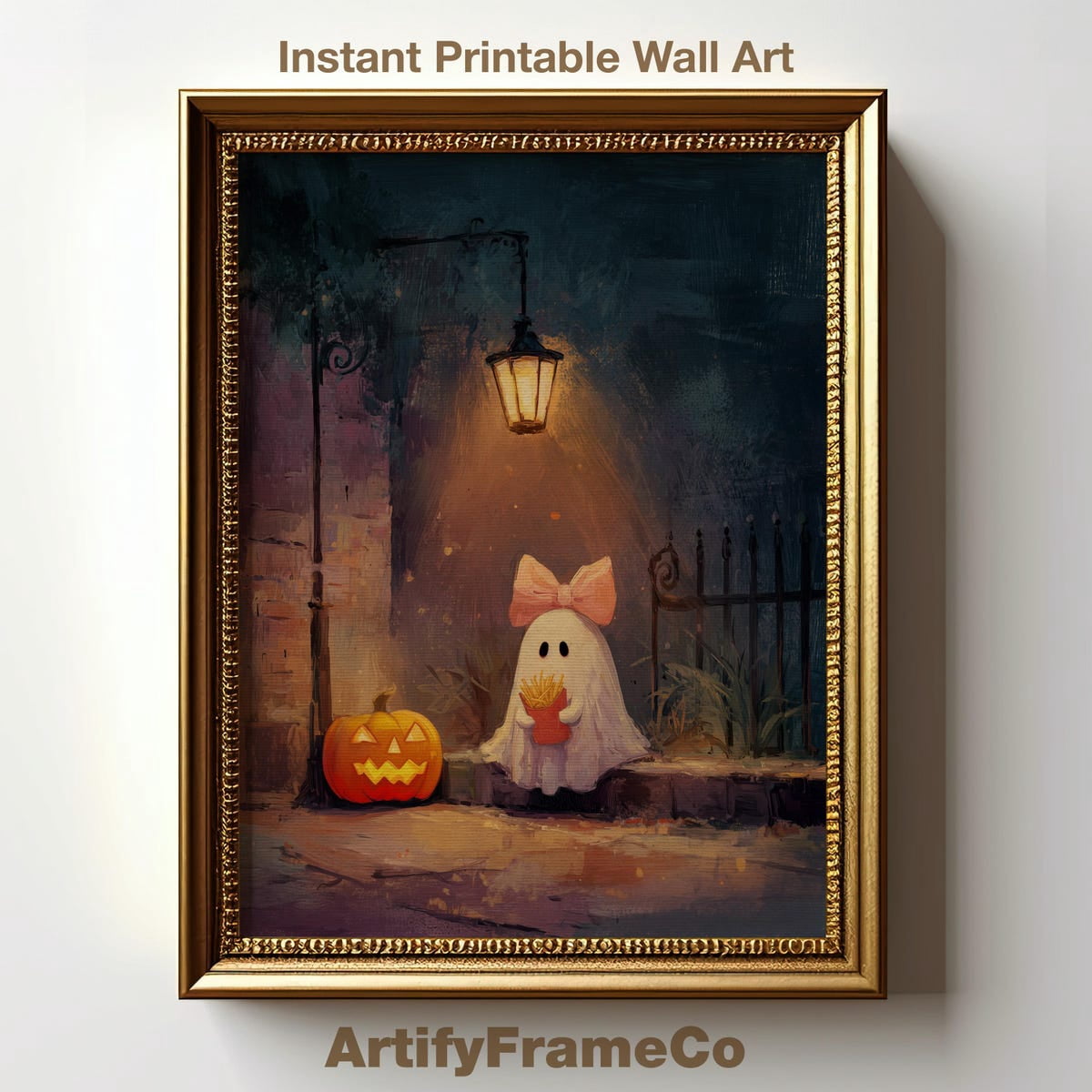 Miluva Cute ghost with jack o lantern under streetlight vintage ...