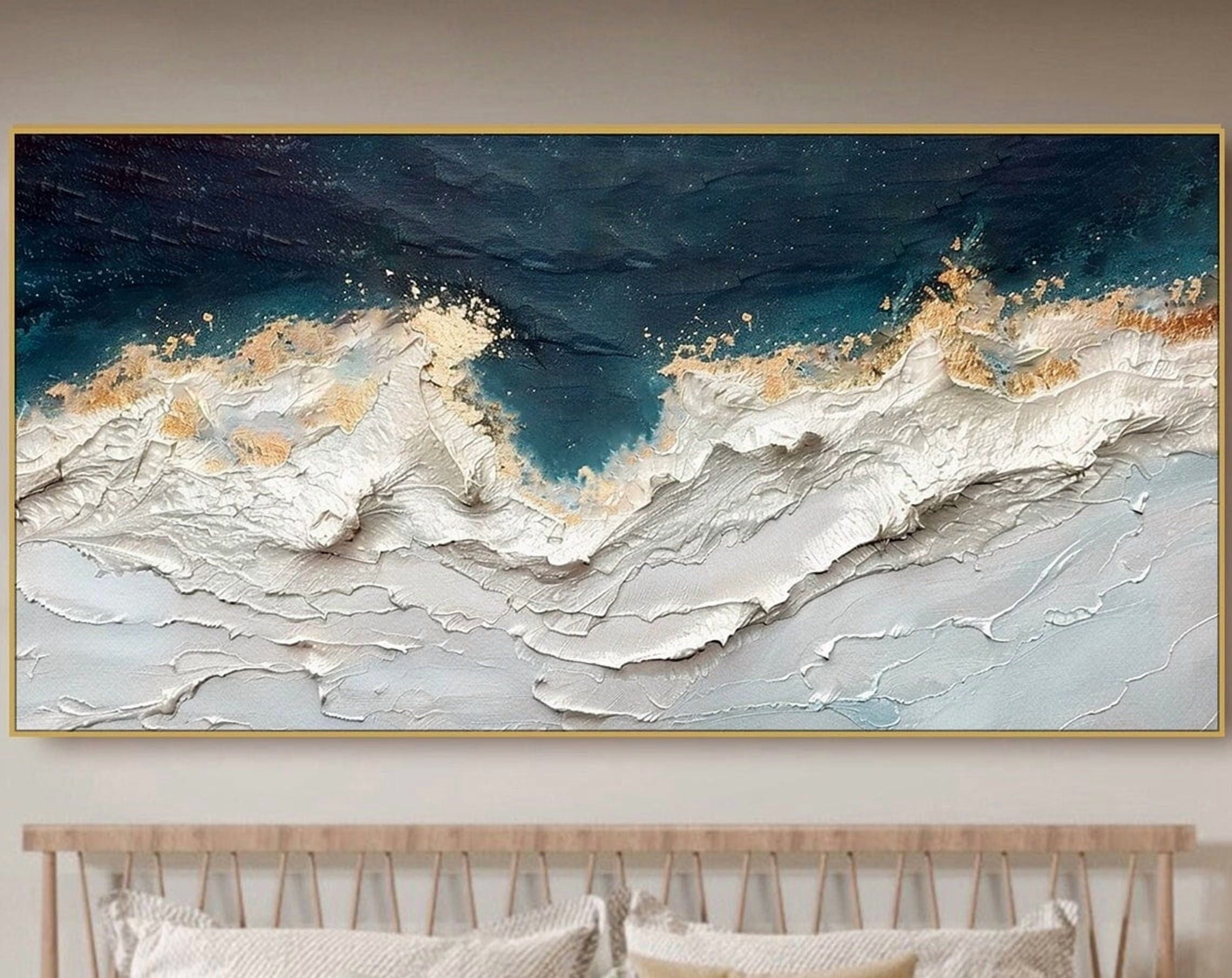 Miluva Dark Teal Gold Minimalist Beach Textured Wall Art Ocean Wave On ...
