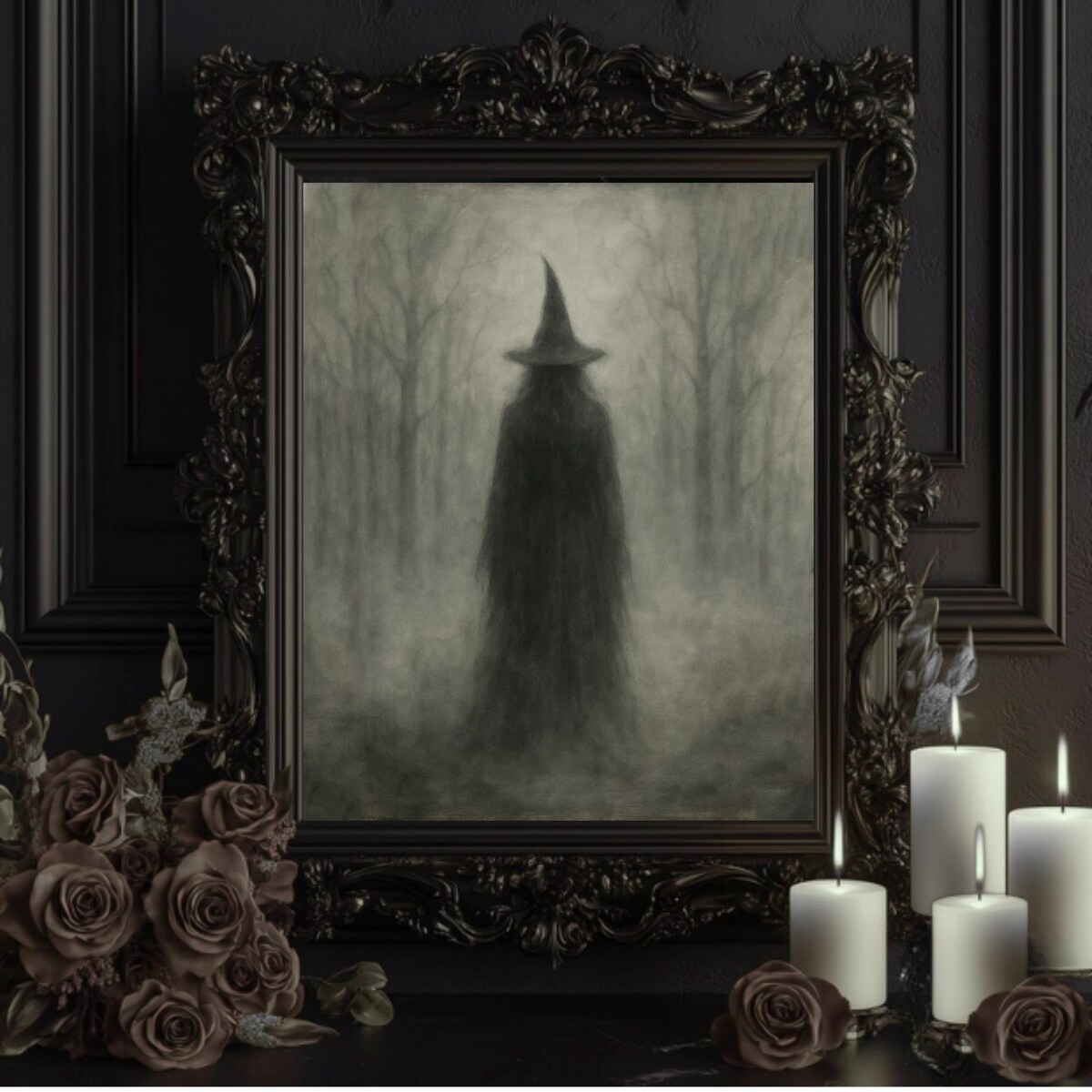 Miluva Dark witch in foggy forest wall art spooky back view witch print ...