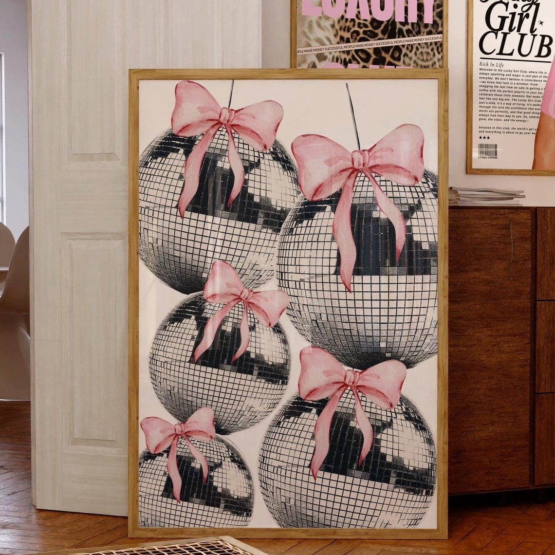 Miluva Disco Ball Print Bow Poster Coquette Wall Art Girls Room Decor ...