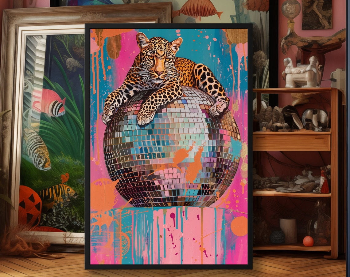 Miluva Disco Leopard, Maximalist Wall Art, Disco Ball Print, Leopard ...