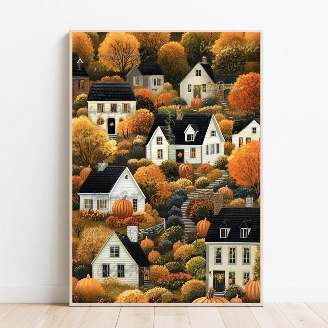 Miluva Fall Village Folk Art Print Autumn Cottage Art Cozy Fall ...