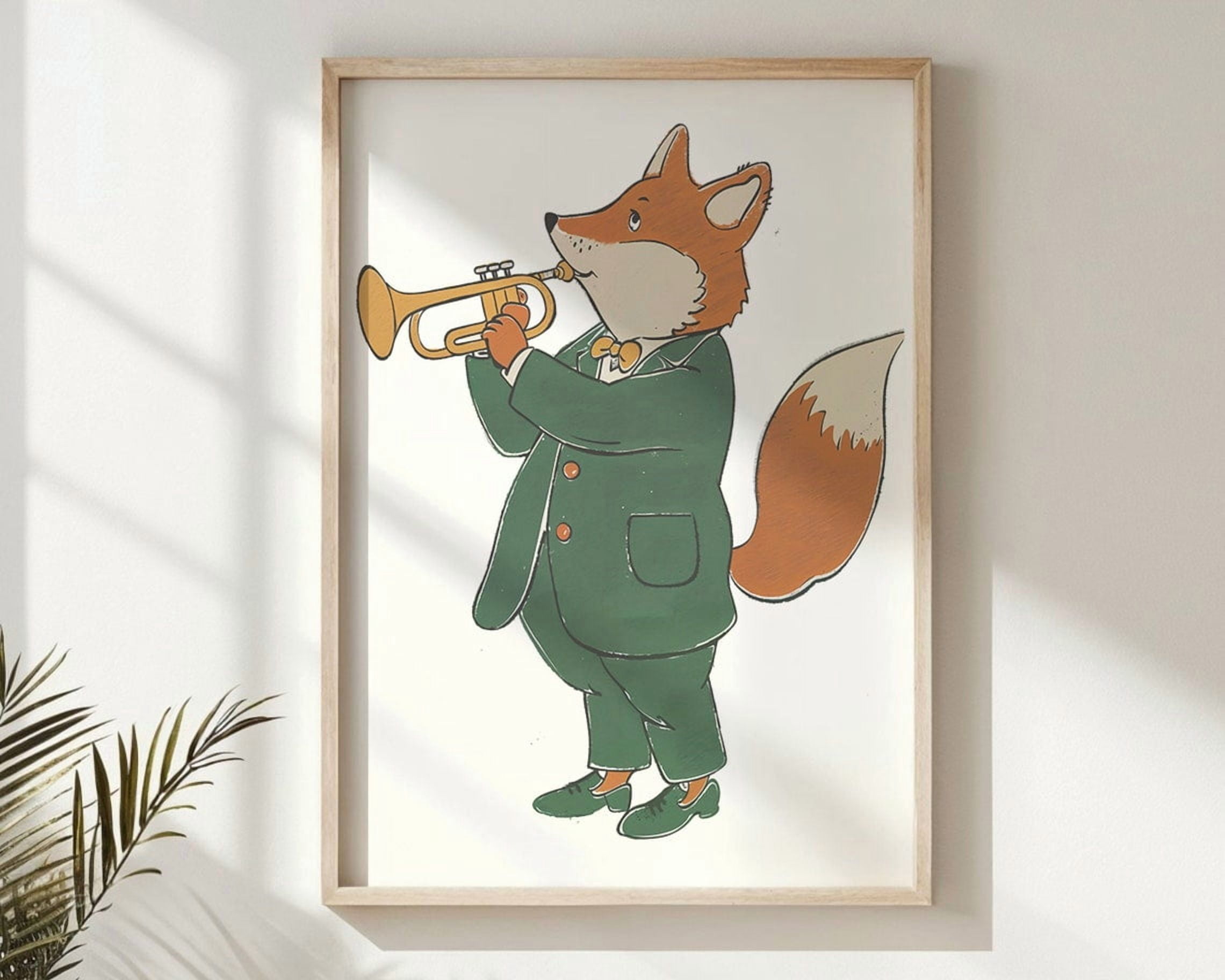 Miluva Fox Playing Trumpet Print, Nursery Wall Art Kids Jazz Music ...