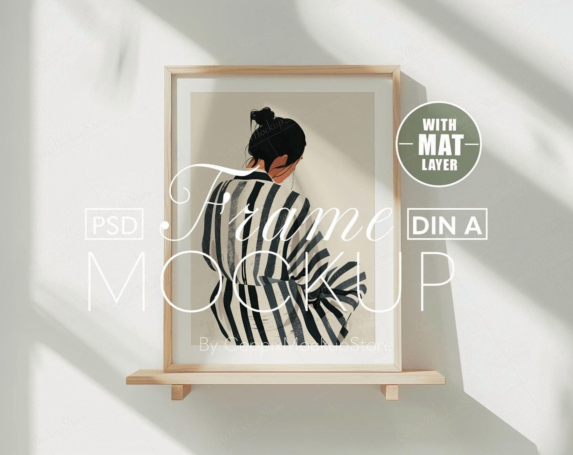 Miluva Frame Mockup A4 Minimalist Wood Vertical Sitting On A Wood Shelf ...