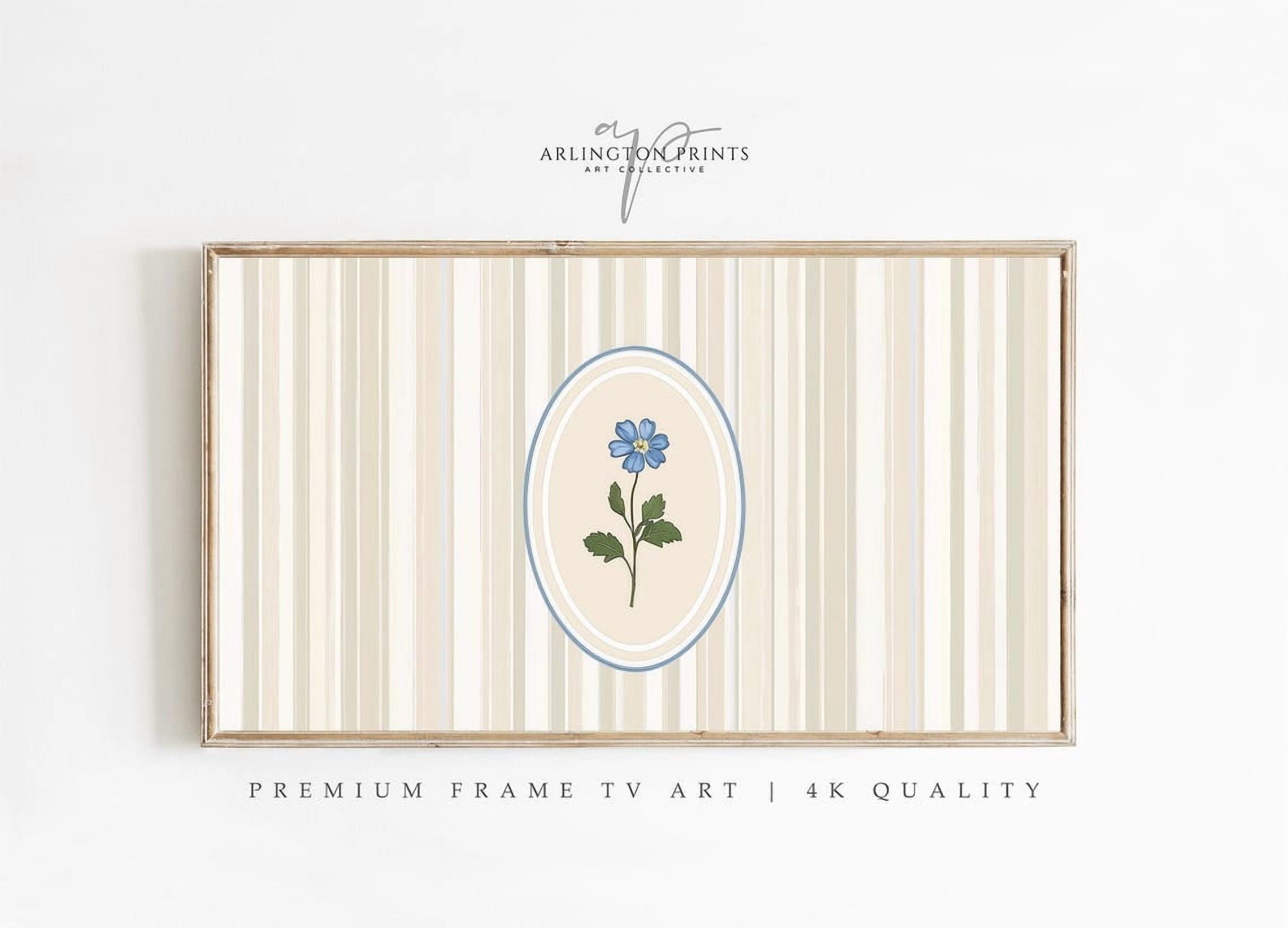 Miluva Frame, Preppy Blue Flower On Neutral Stripes, Vintage Oval ...