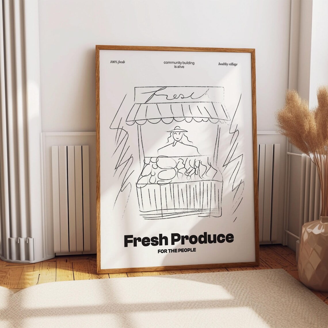 Miluva Fresh Produce Market Wall Artminimalist Line Drawing Food Stall ...