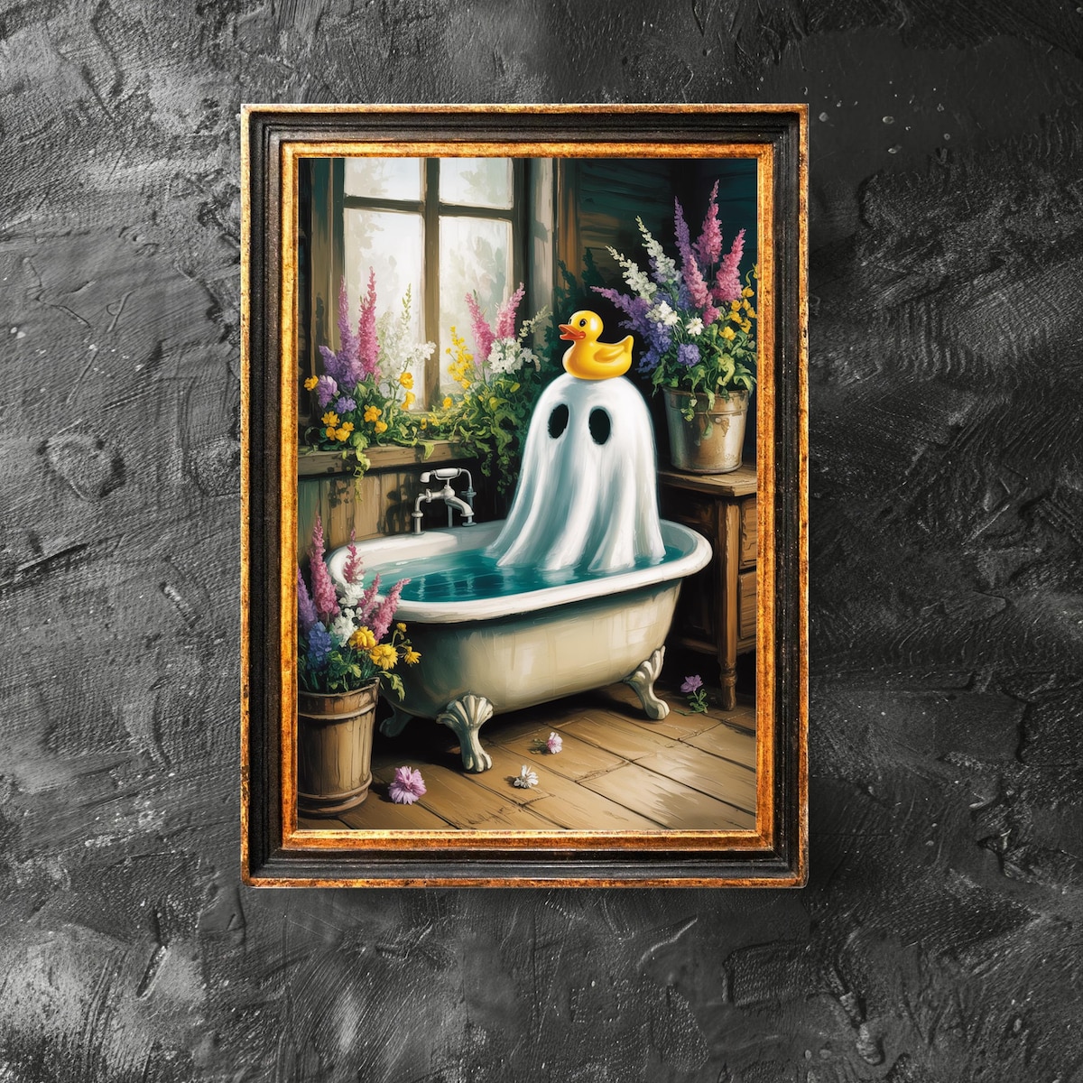 Miluva Ghost in bathtub poster – Rubber duck print – Ghost bathroom art ...