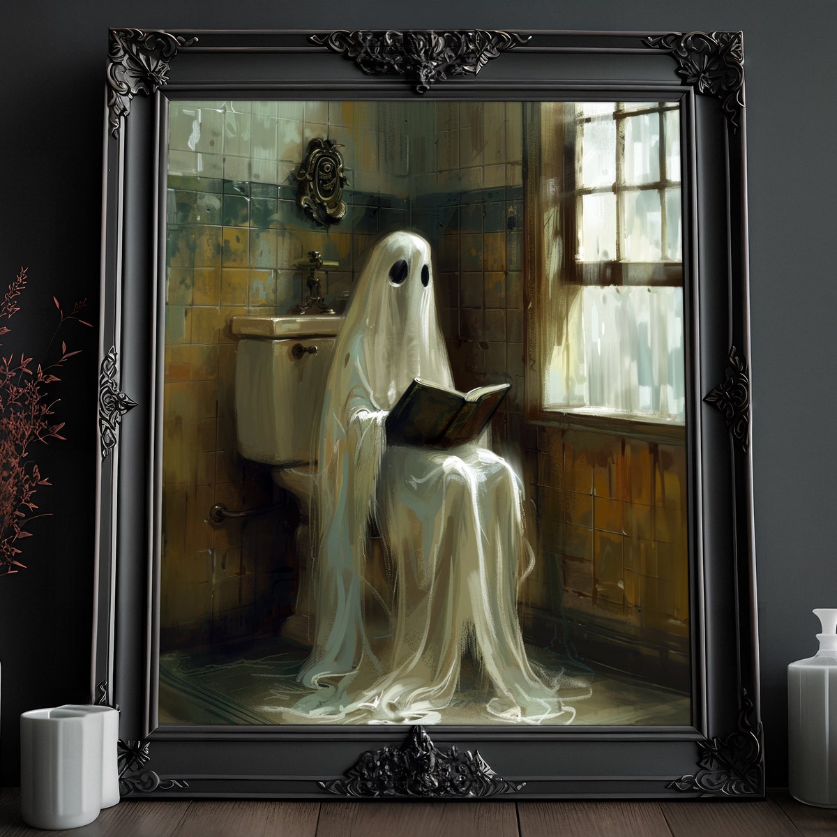Miluva Ghost on a toilet – Ghost in bathroom print – Halloween wall art ...