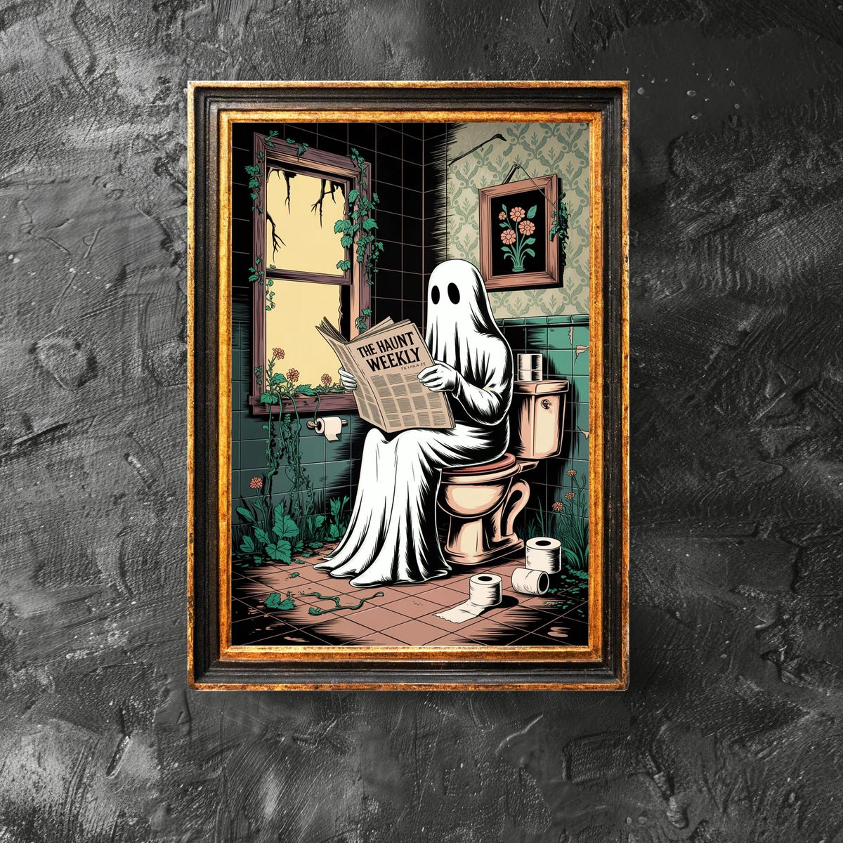 Miluva Ghost reading a newspaper on toilet poster – Spooky book decor ...