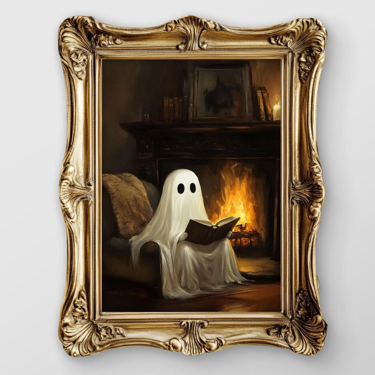 Miluva Ghost reading book print vintage halloween wall art cute ghost ...