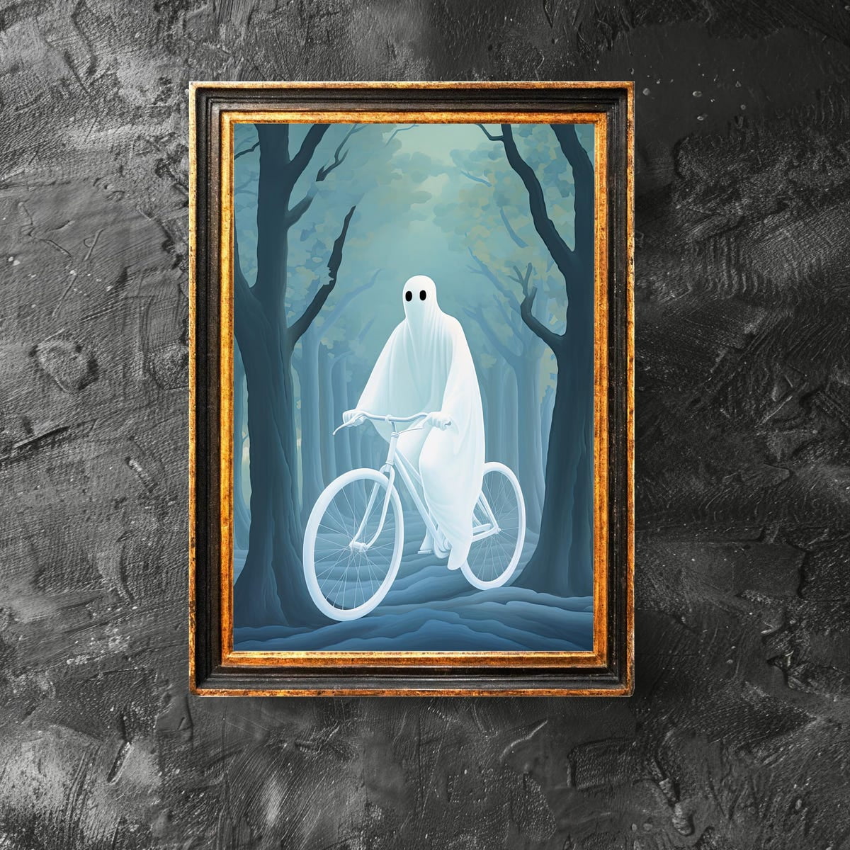 Miluva Ghost riding a bike poster – Cute ghost bicycle poster – Ghost ...