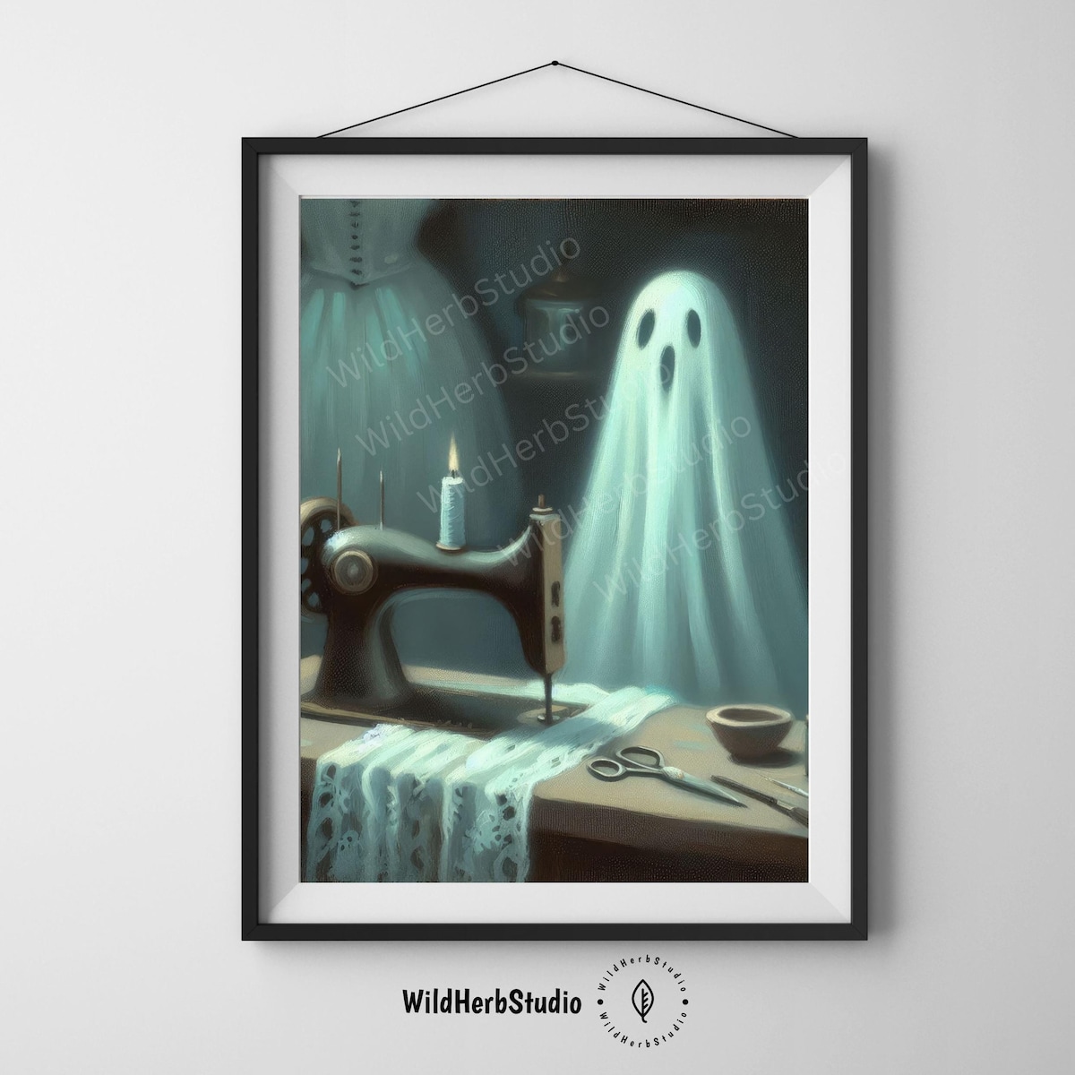 Miluva Ghost with a sewing machine print vintage halloween ghost art ...