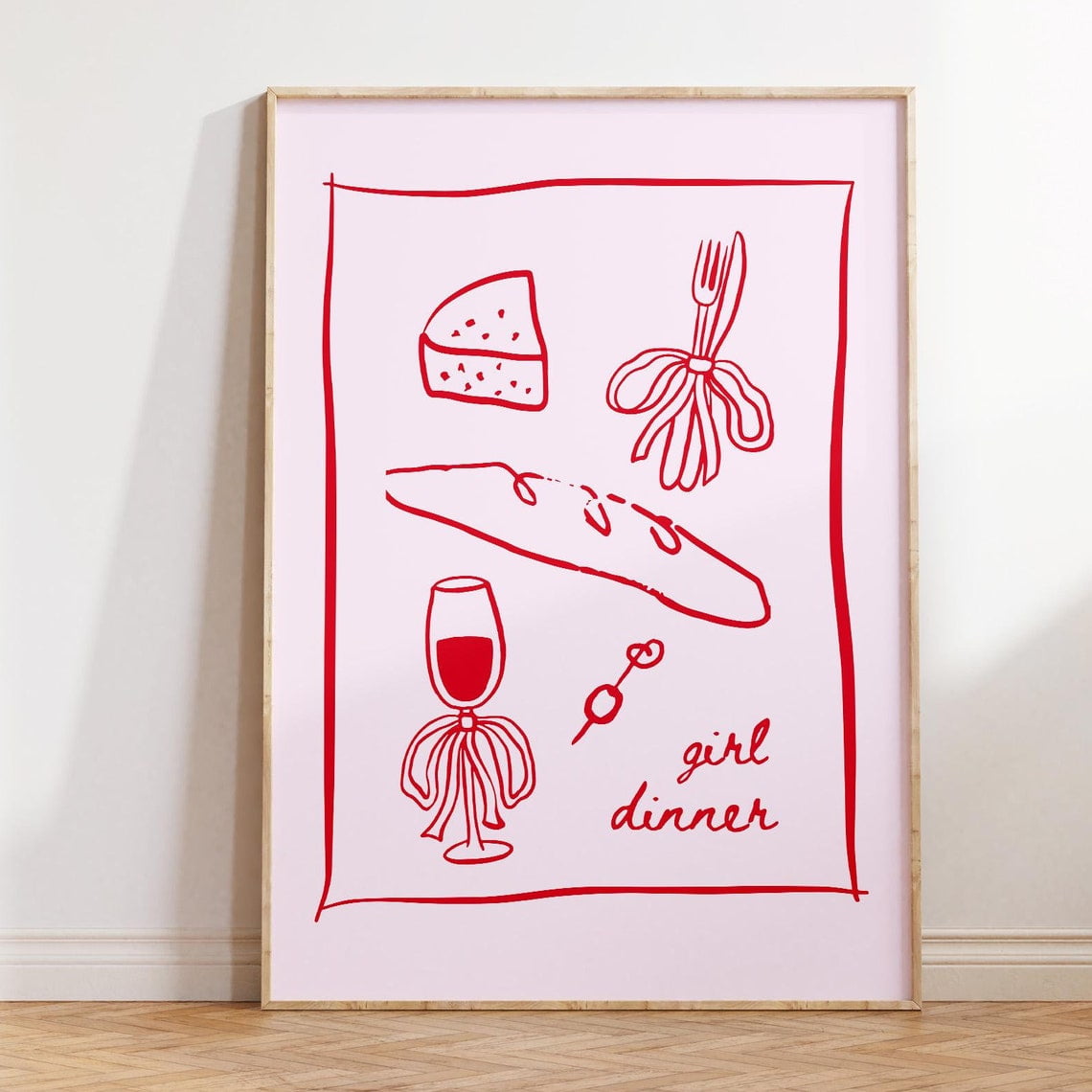 Miluva Girl Dinner , Girly Kitchen Wall Art, Pink Wine Cheese Poster ...