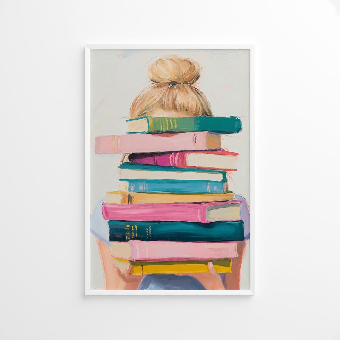 Miluva Girl With Stack Of Books Poster, Pastel Book Lover Wall Art ...