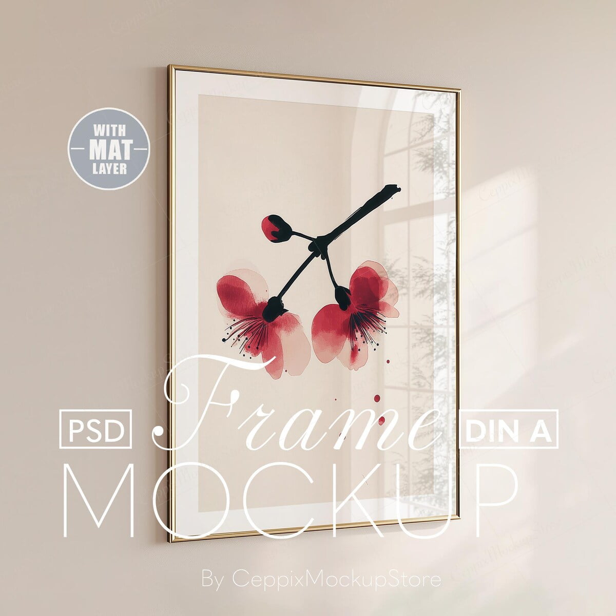 Miluva Gold Frame Mockup, Thin Hanging Wall, Glass Reflection, Vertical ...