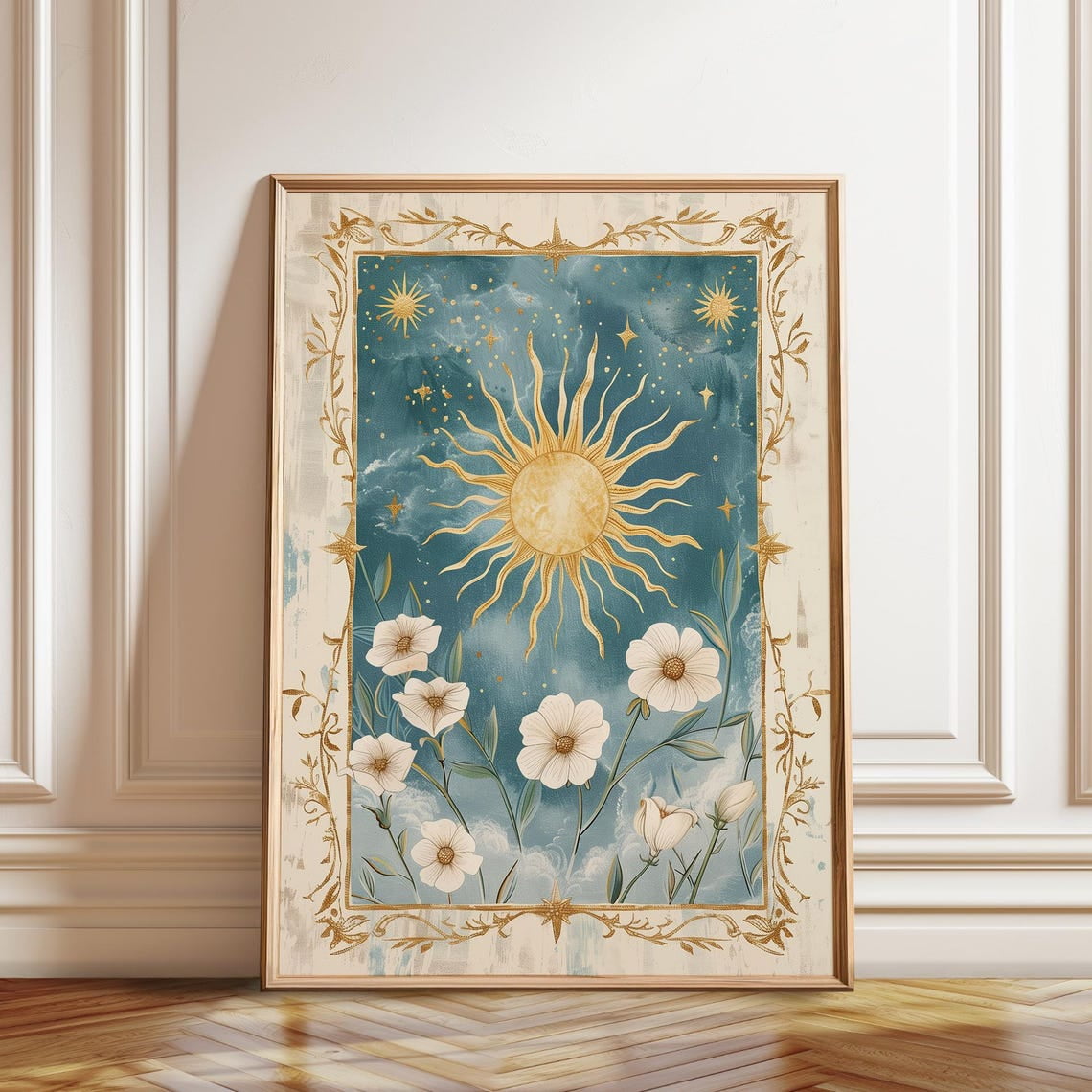 Miluva Golden Sun Illustration Art Poster - Mystical Sun And Flower Botanical Wall Artposter ...