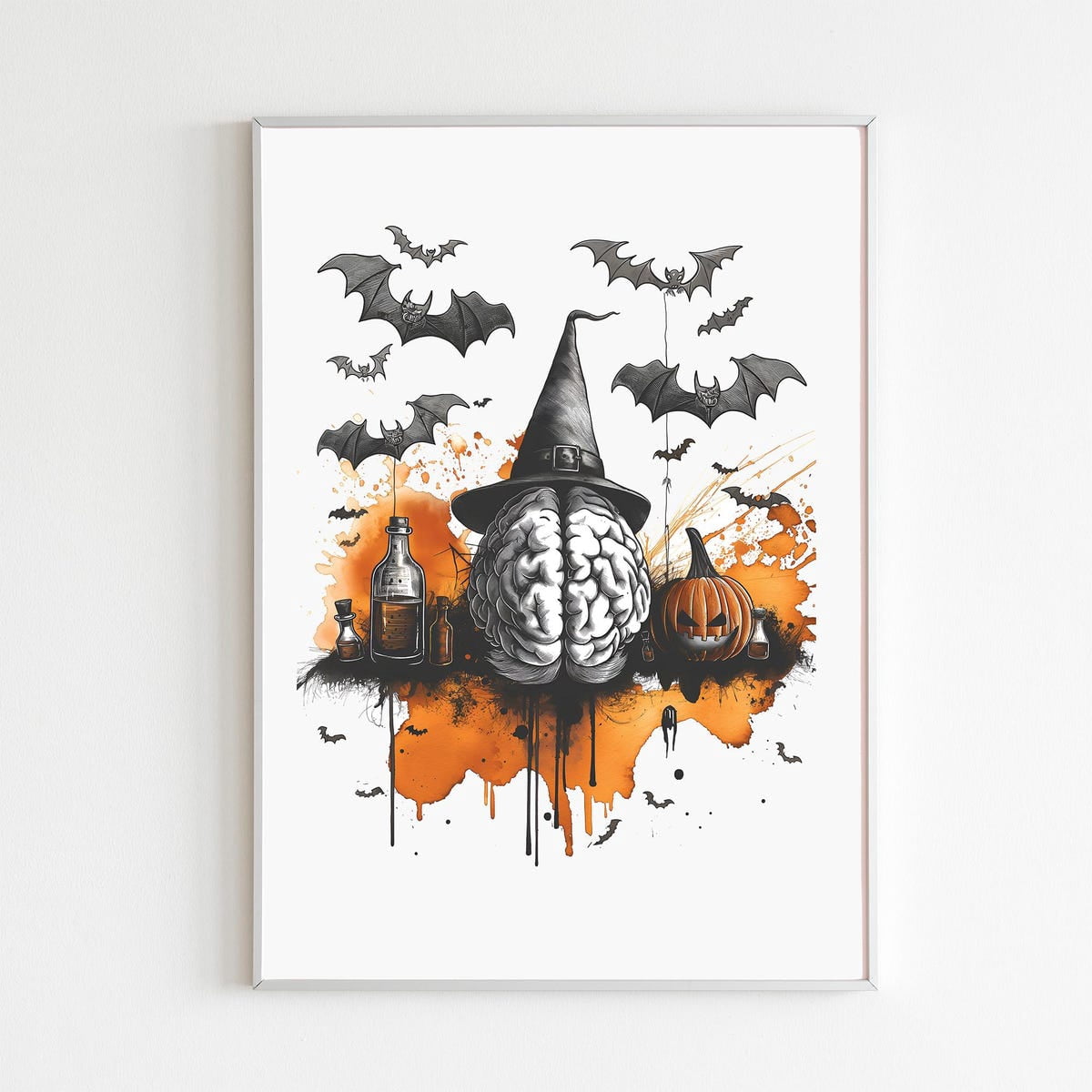 Miluva Halloween brain art print – Pumpkin bats spooky anatomy decor ...