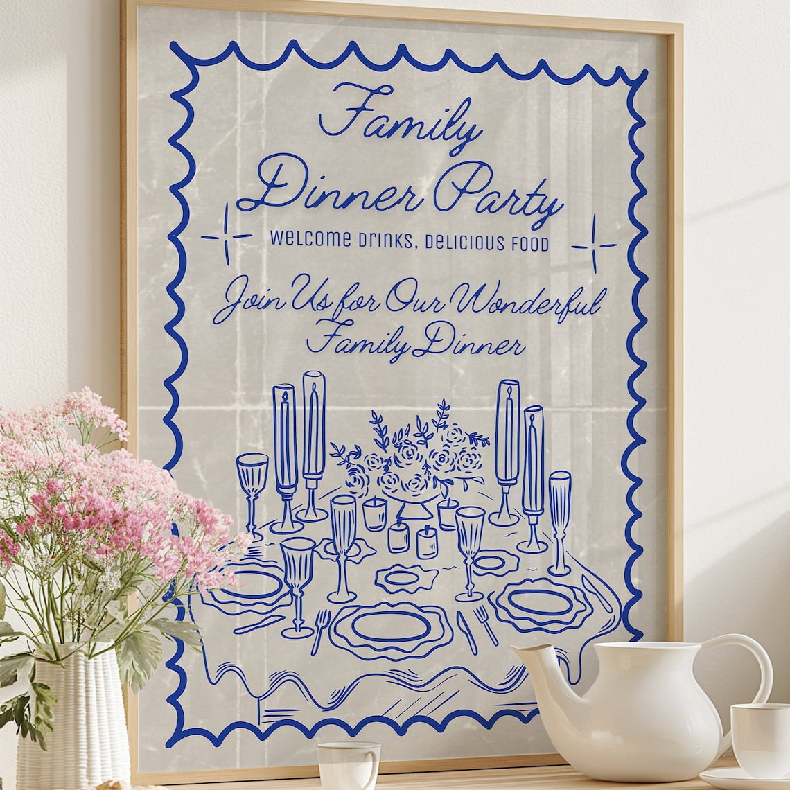 Miluva Hand Drawn Dining Print, Dinner Party Poster, Minimalist Kitchen ...