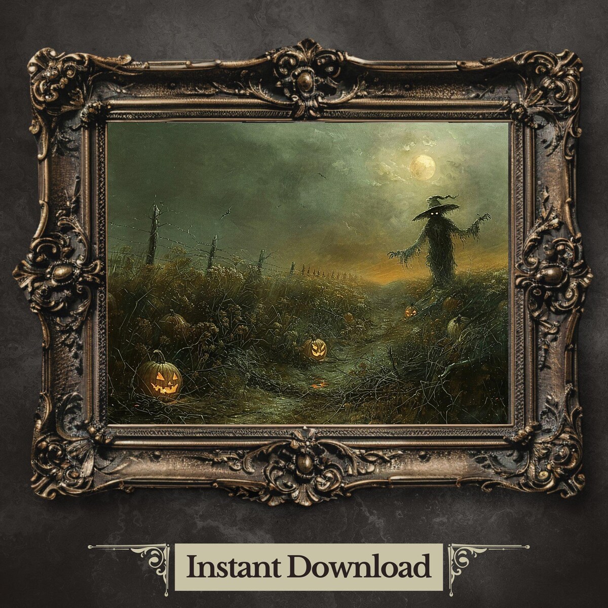 Miluva Haunted pumpkin field with scarecrow wall art halloween print ...