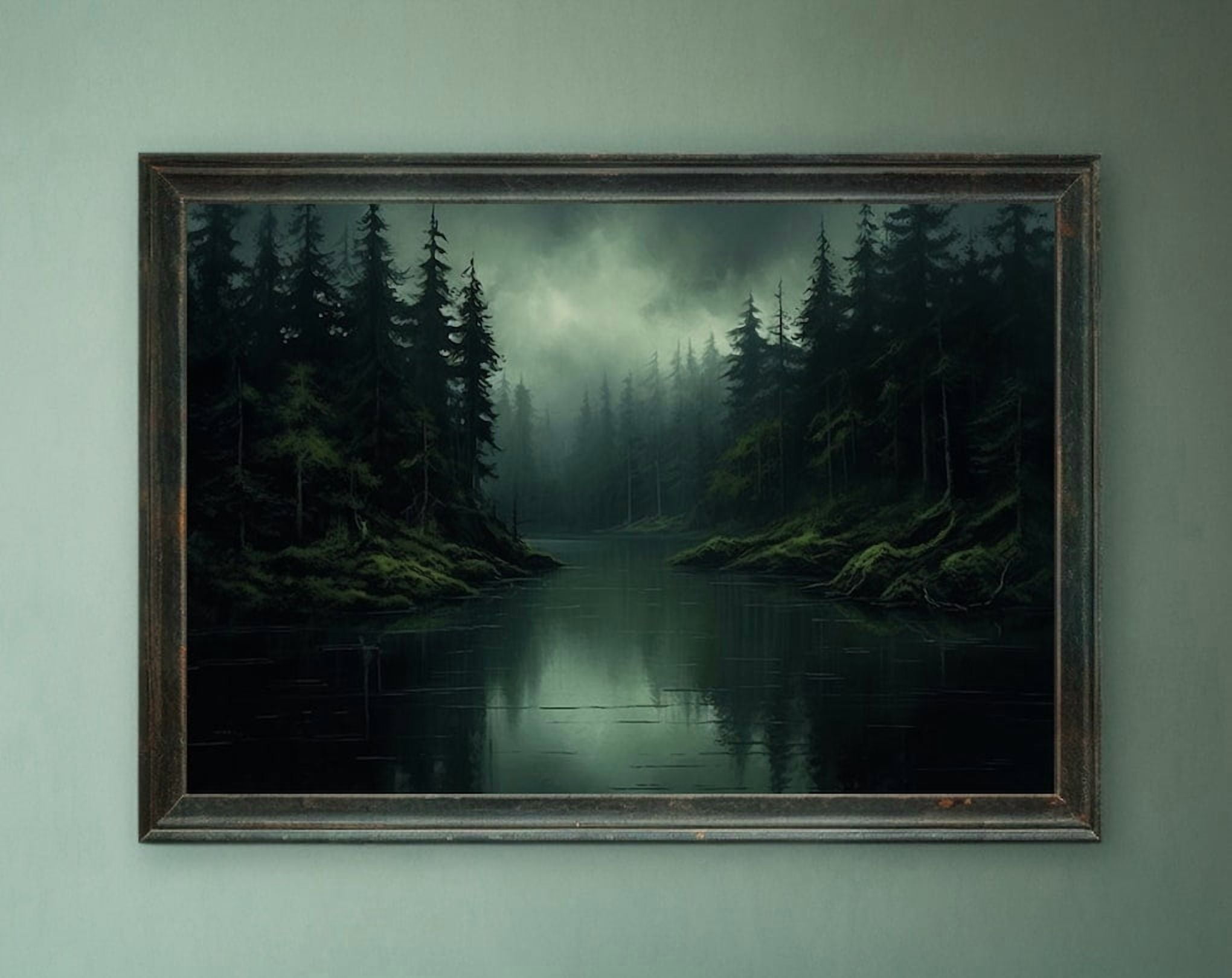 Miluva Hidden Lake Moss Green Dark Forest Artwork Serene Landscape Wall ...
