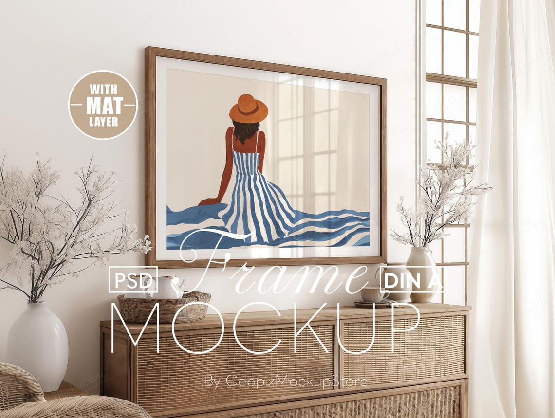 Miluva Horizontal Frame Mockup, Landscape Wall Art Template, Glass Reflection Oak Wood A0 A1 A2 ...