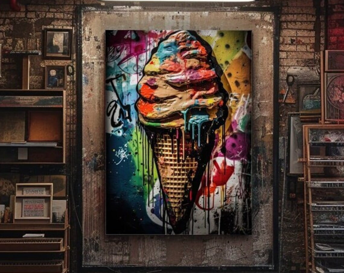 Miluva Ice Cream Graffiti Wall Art, Vanilla Waffle Cone Graffiti Print ...