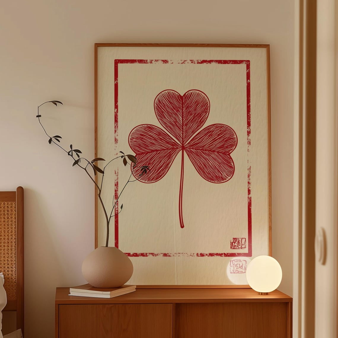 Miluva Japandi Clover Leaf Art, Red Lucky Leaf Print, Japanese ...