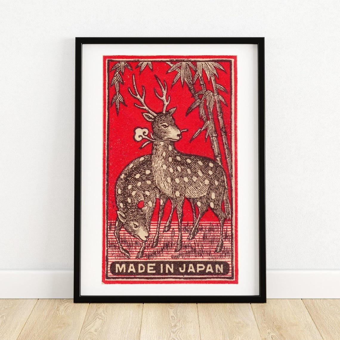 Miluva Japanese Deer Art Print Vintage Style Wall Decor Mid-Century Red ...