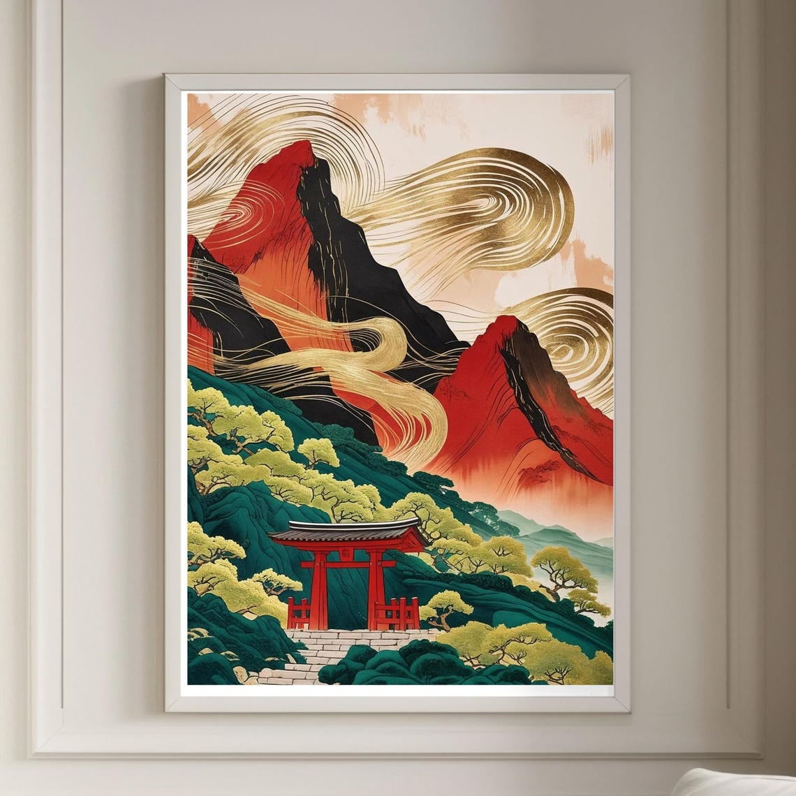 Miluva Japanese Mountain Wall Art Print, Japanese Landscape With Torii ...