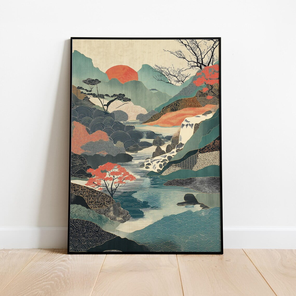 Miluva Japanese Waterfall Art Print Traditional Landscape With Red Sun ...