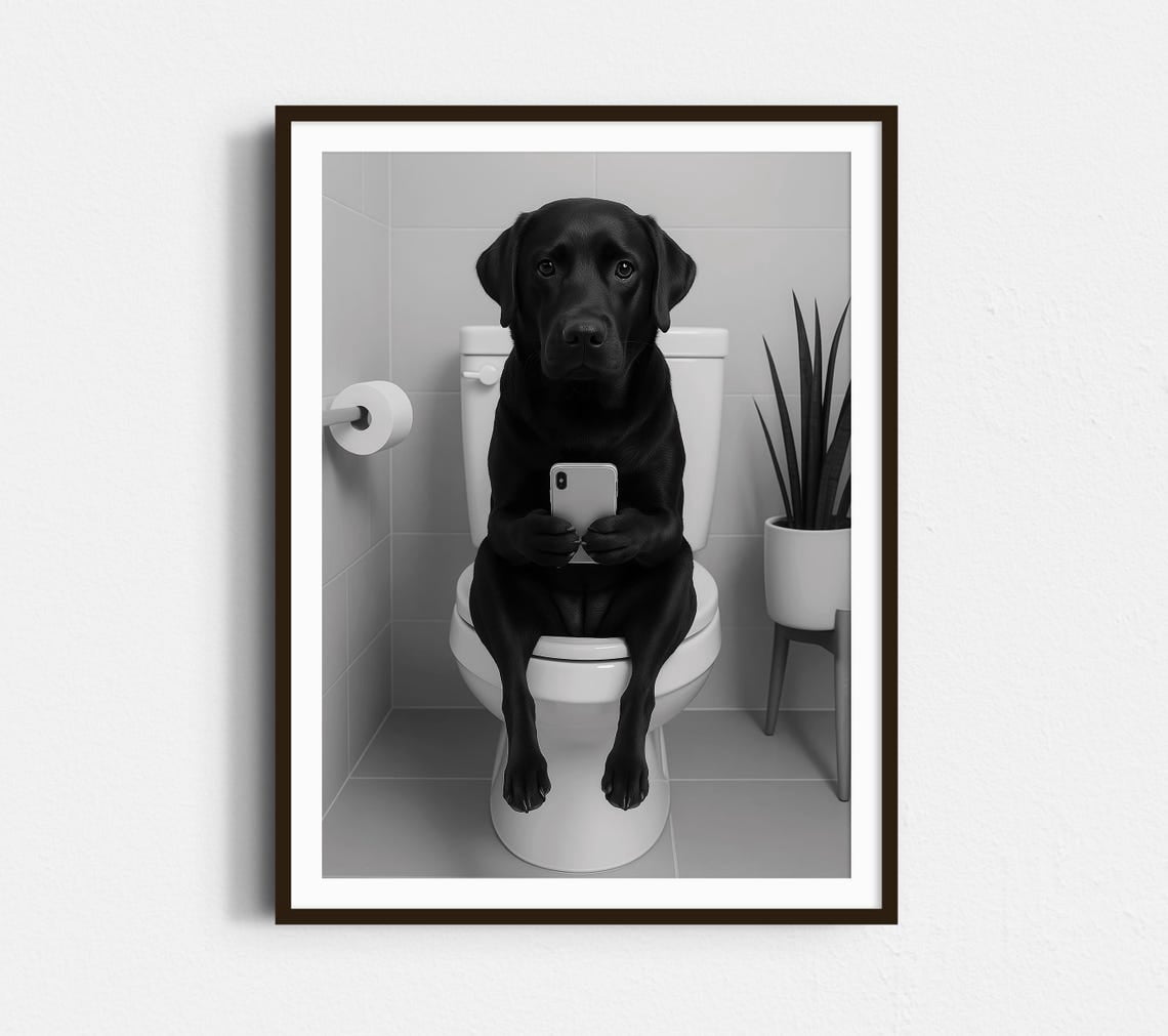 Miluva Labrador On Toilet Wall Art, Texting Dog, Black And White Print ...