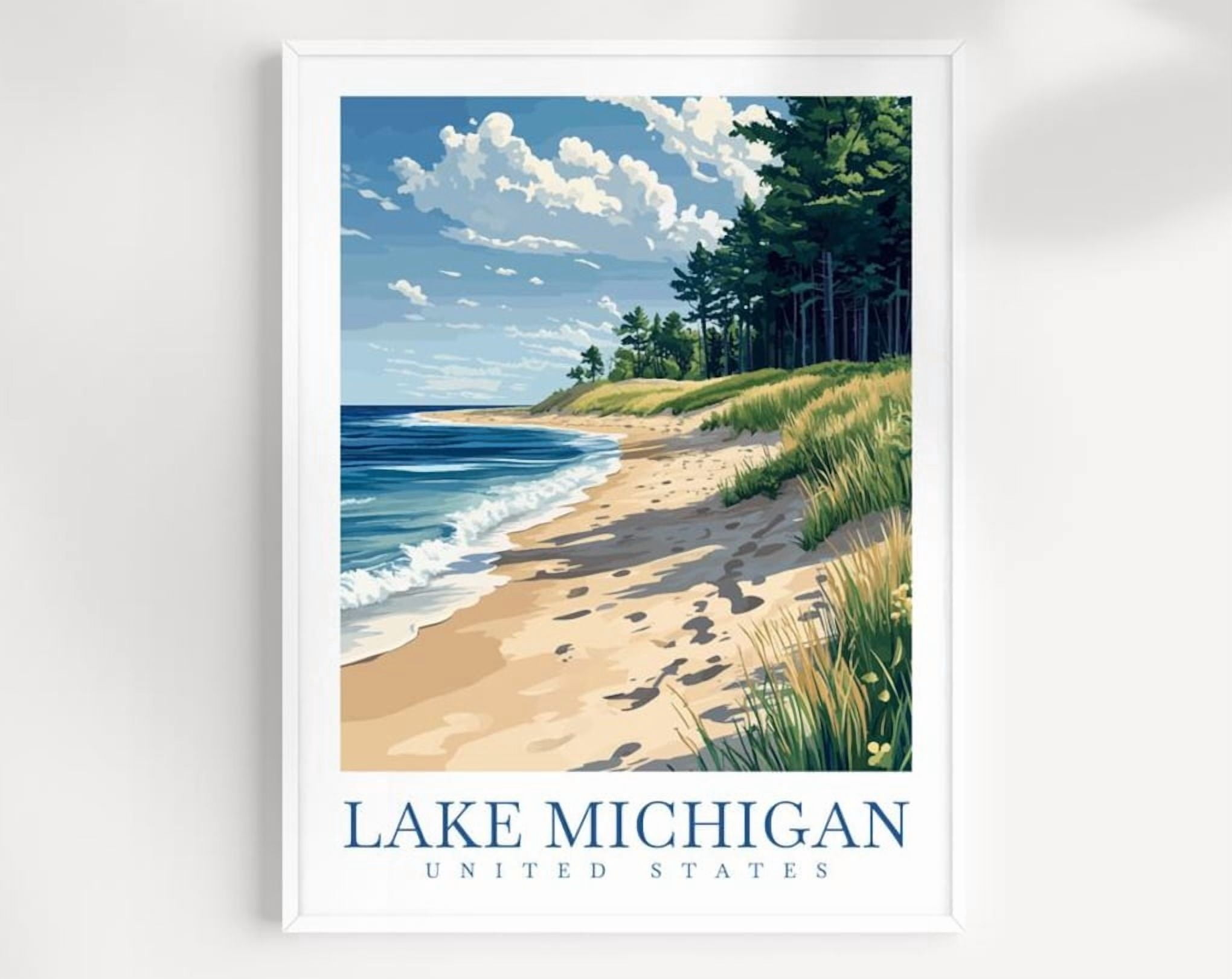 Miluva Lake Michigan Travel Print, Illustrated Great Lakes Wall Art ...