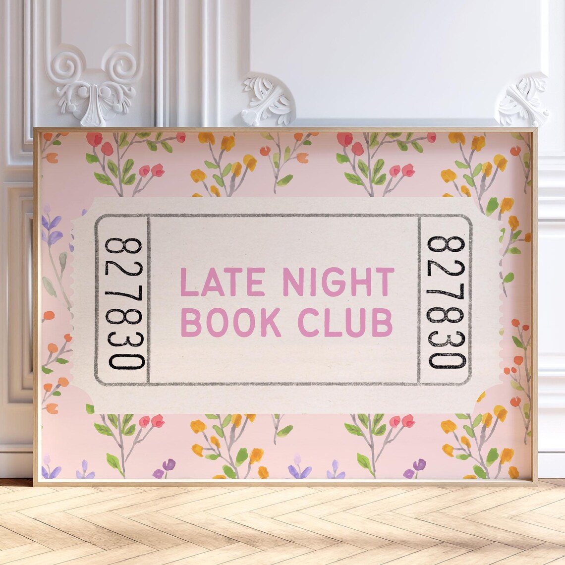 Miluva Late Night Book Club Poster, Trendy Bookish Ticket Print, Pink ...