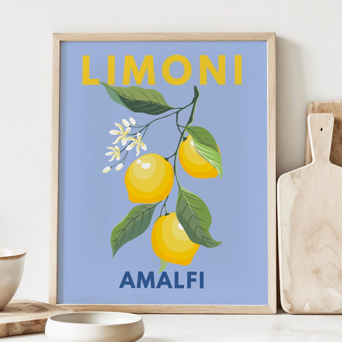 Miluva Limoni Amalfi Print, Blue Yellow Italian Poster, Lemon Branch ...