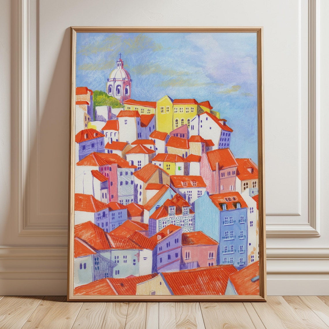 Miluva Lisbon Rooftops Art Print - Hand-Drawn Illustration - Alfama Neighborhood - Living Room ...