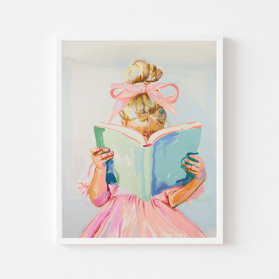 Miluva Little Blonde Girl Reading Pastel Book Nook Wall Art Print Pink ...