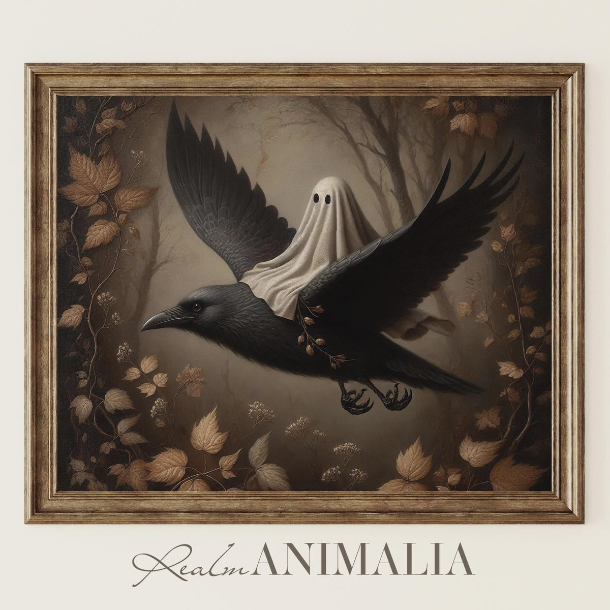 Miluva Little ghost riding on crow art print – Cute whimsical halloween ...