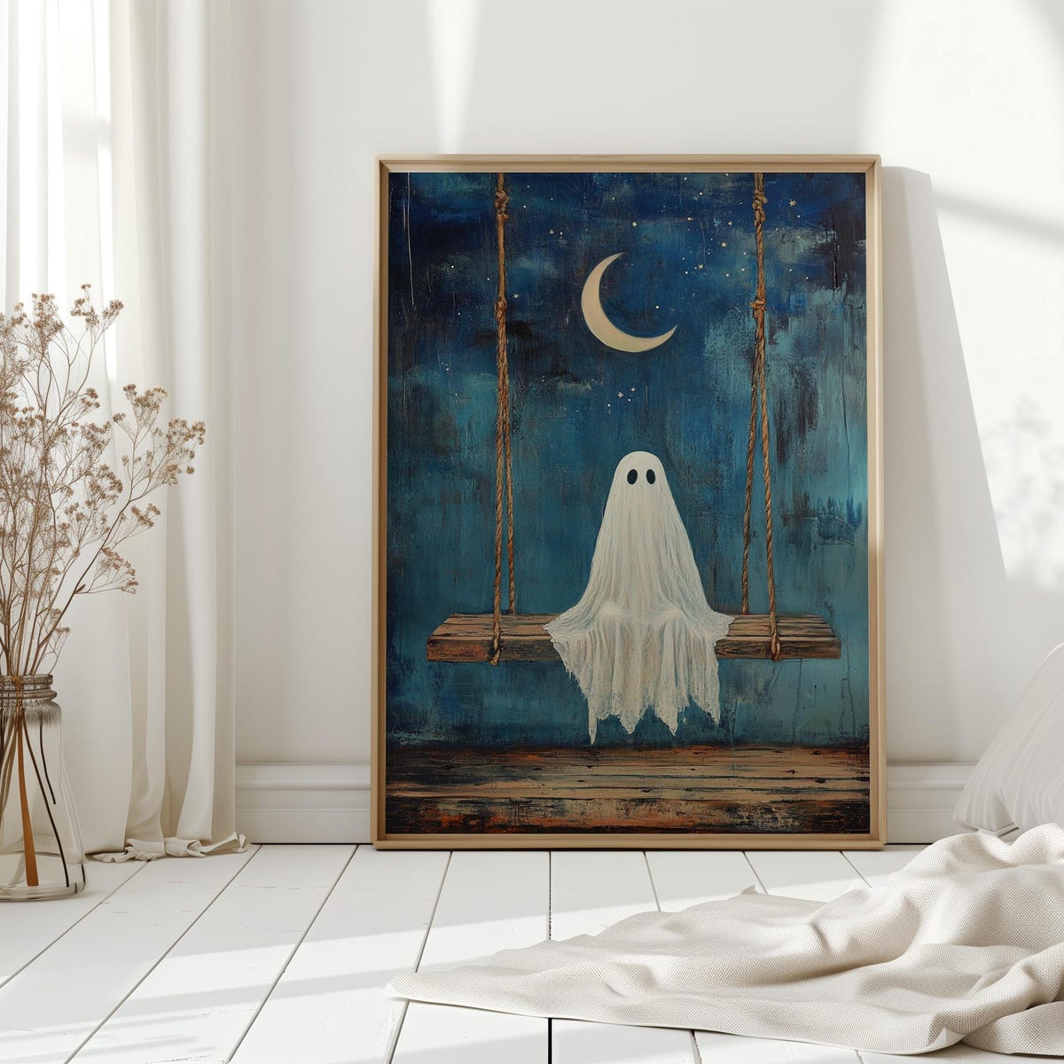 Miluva Lonely ghost on swing wall art whimsical crescent moon night sky ...