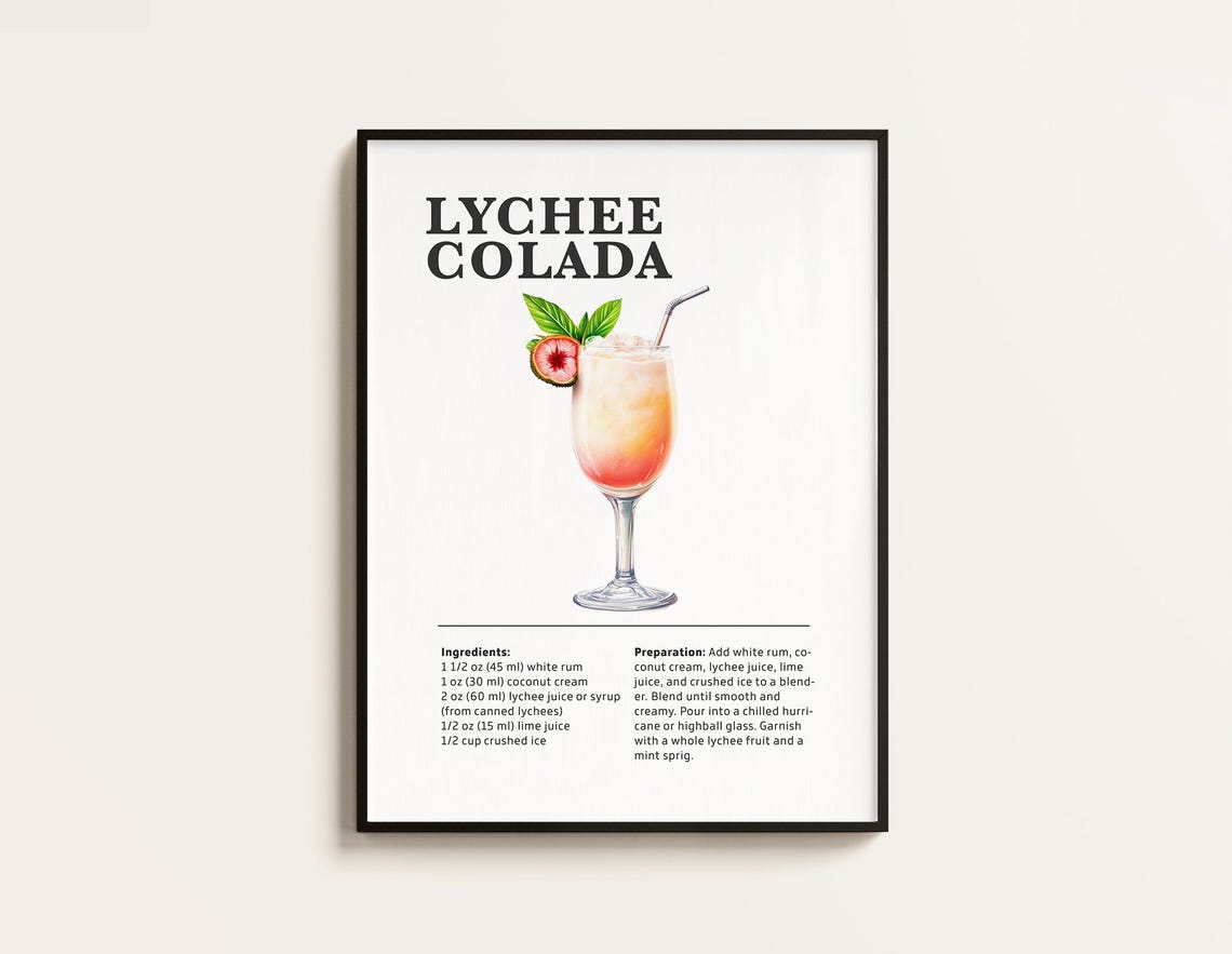 Miluva Lychee Colada Poster, Colada Recipe, Cocktail Print, Bar ...