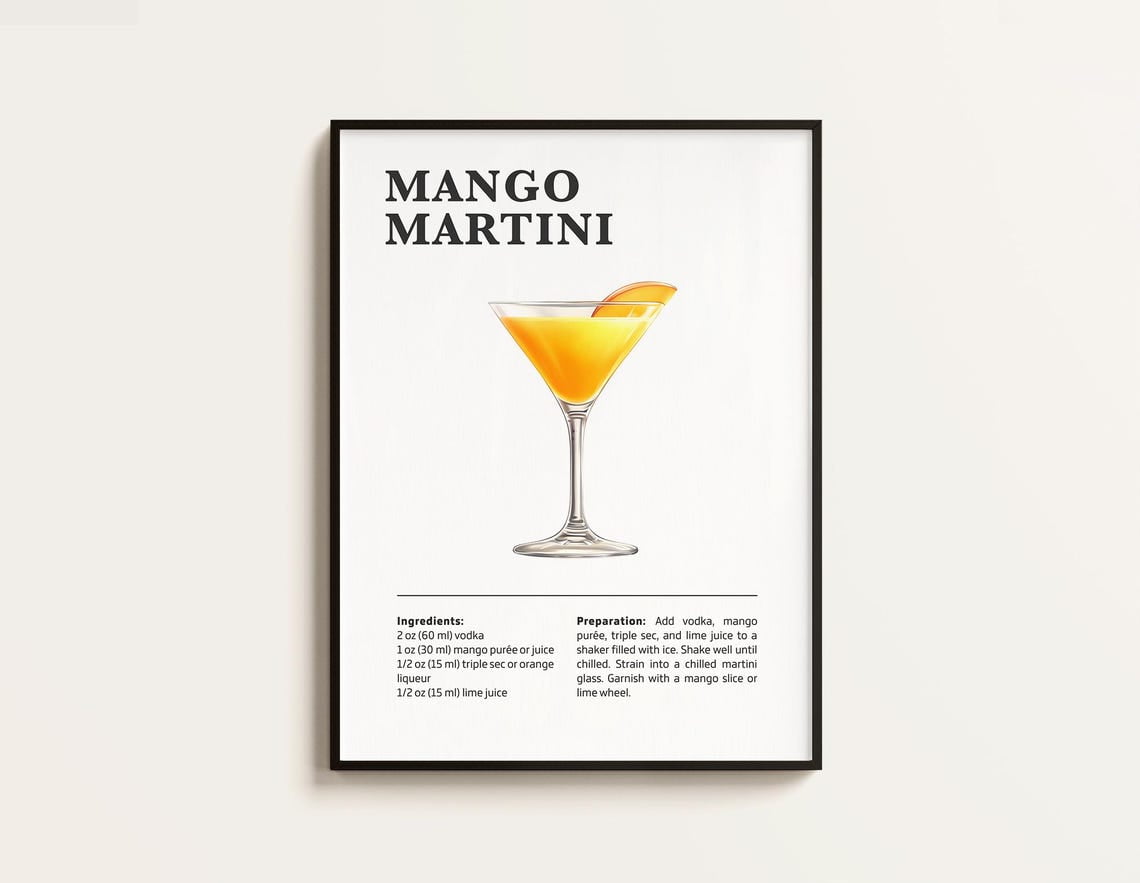 Miluva Mango Martini Recipe Poster, Martini Cocktail Print, Bar Art ...