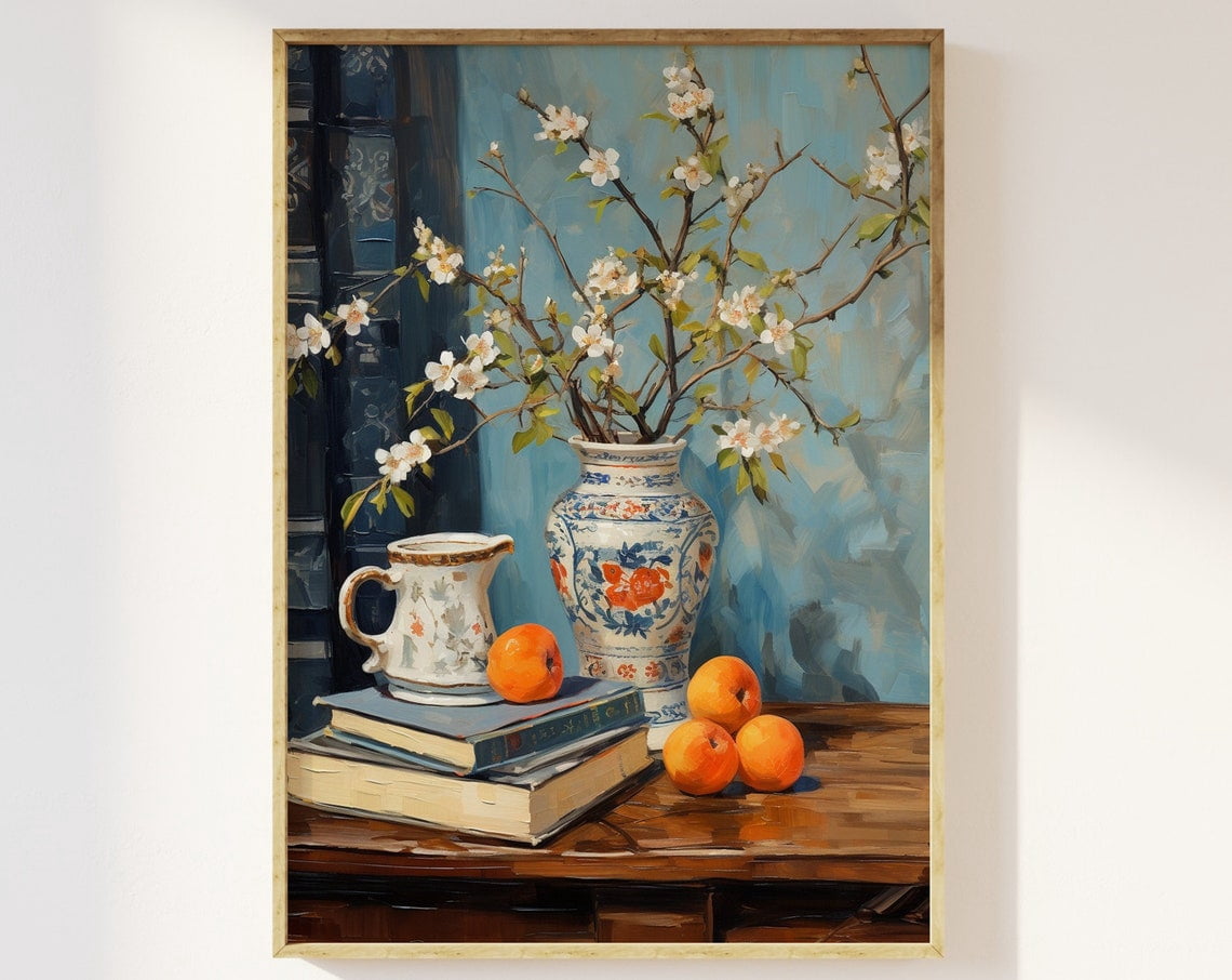 Miluva Mediterranean Still Life Vase Art Print Books, Oranges Flowers ...