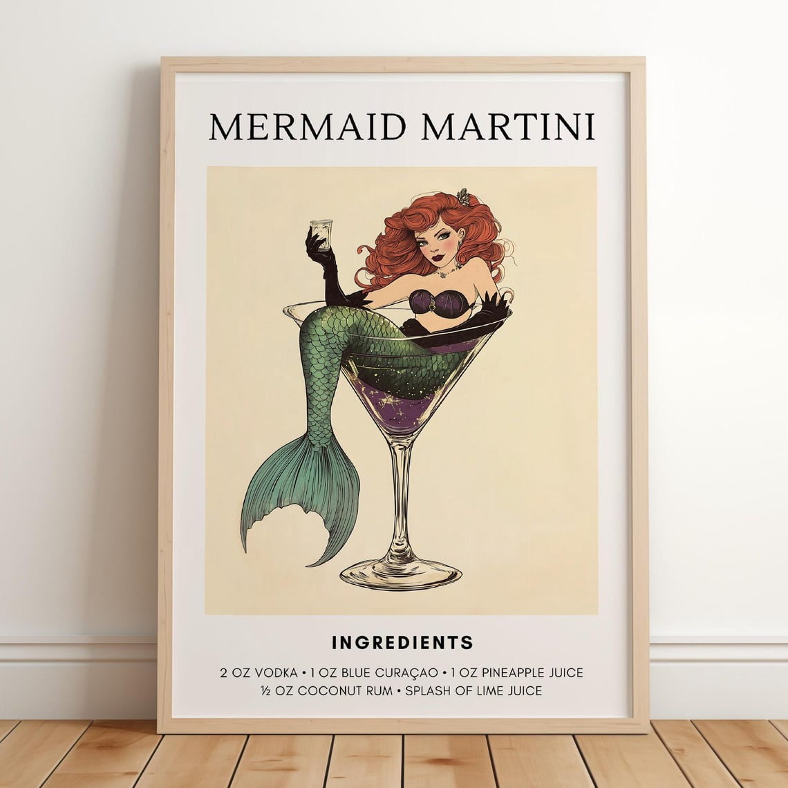 Miluva Mermaid Martini Cocktail Poster Bar Cart Decor Beach Bar Print ...